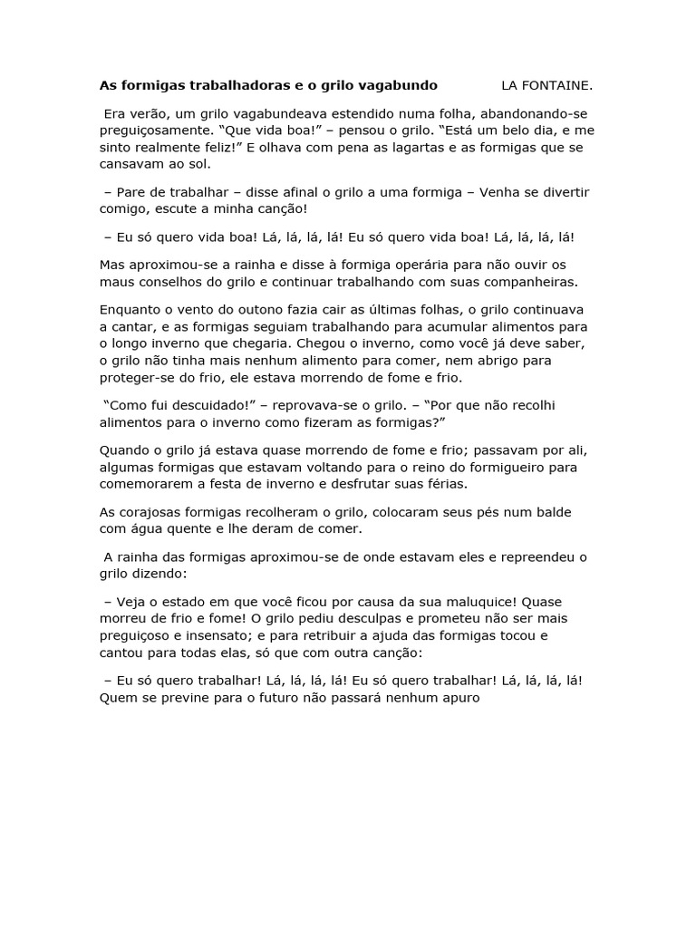 As Formigas Trabalhadoras e o Grilo Vagabundo LA FONTAINE | PDF