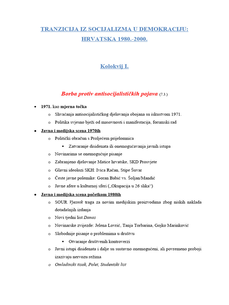 Skripta I. Tranzicija Iz Socijalizma U Demokraciju | PDF