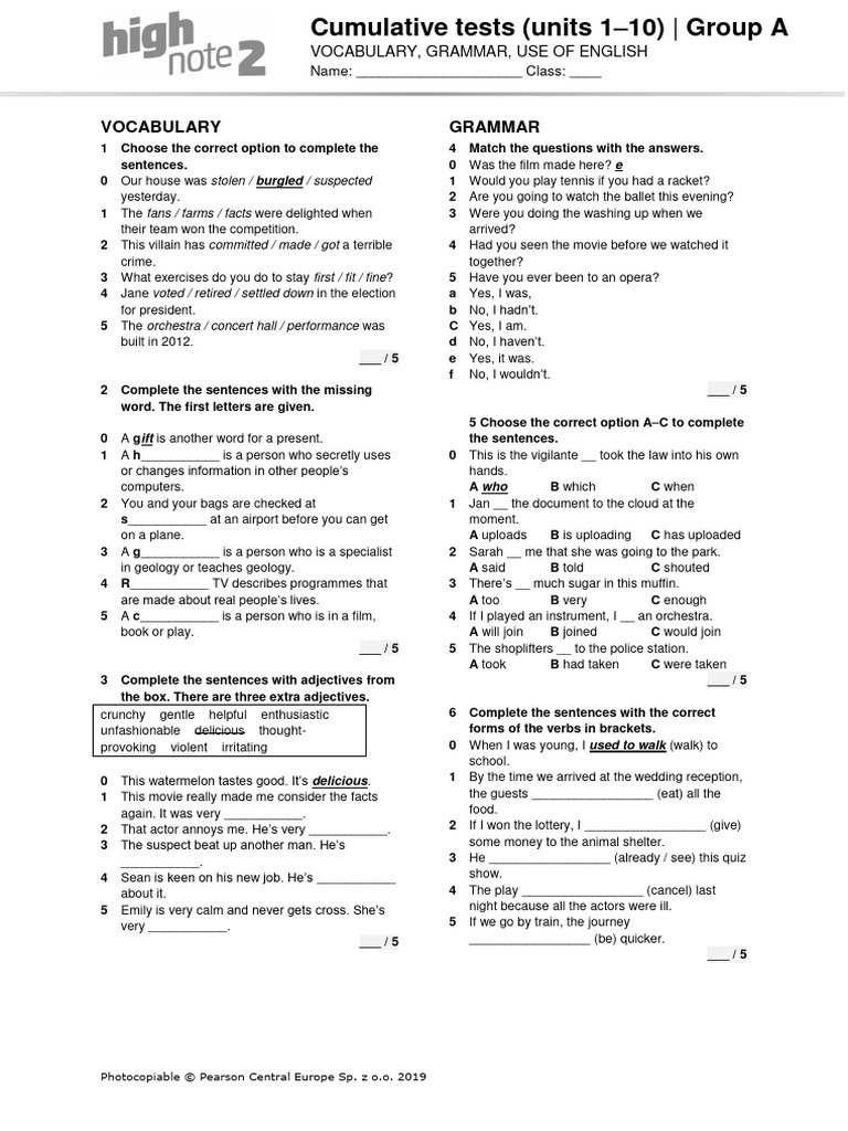 Vocabulary & Grammar Test Units 1-10 | PDF