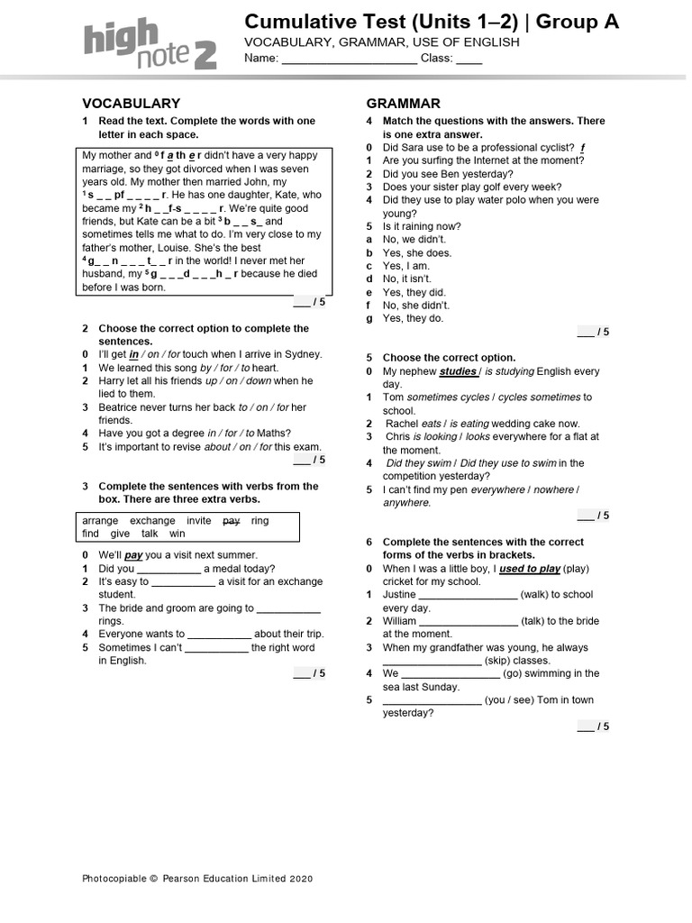 HighNote2 Cumulative Test Units01 02 GroupA | PDF | English Language ...