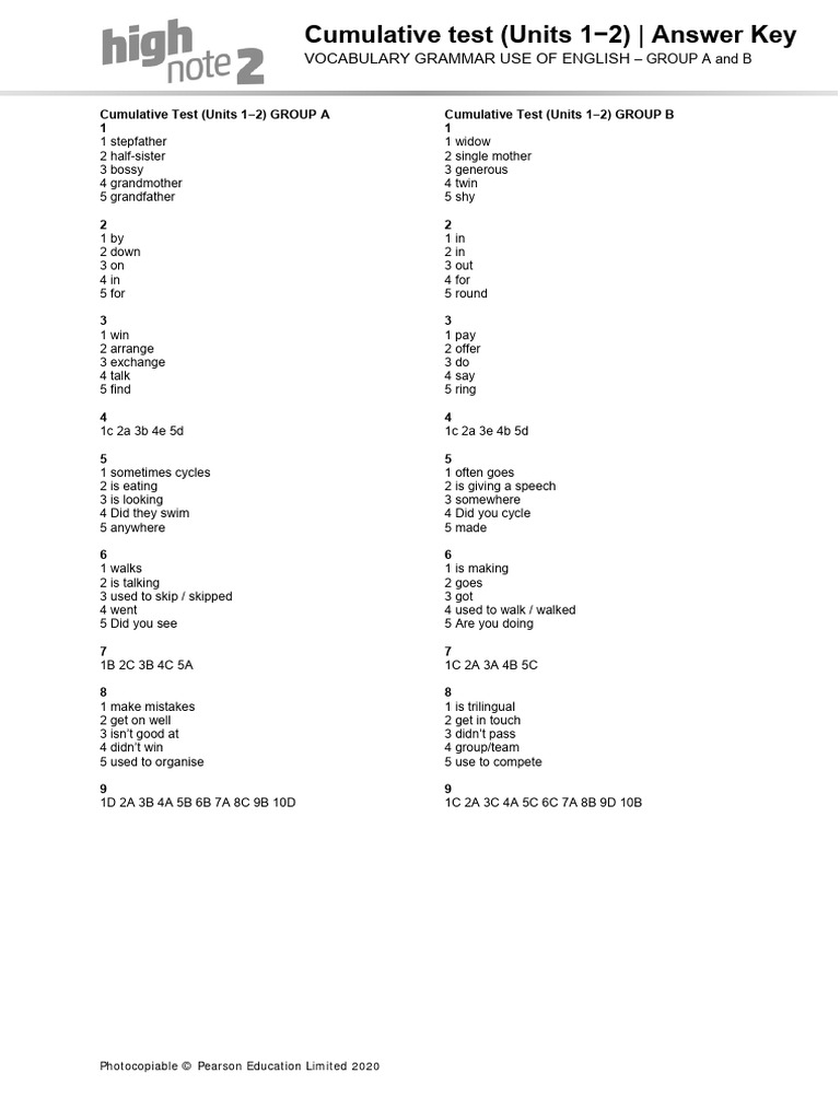 HighNote2 Cumulative Tests Units01 02 GroupA B ANSWERS | PDF