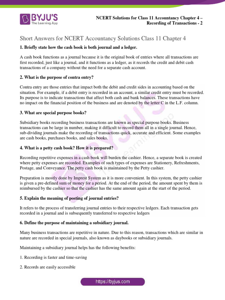 Ncert Solutions For Class 11 Accountancy Chapter 4 Recording of Transactions 2 | PDF | Debits ...