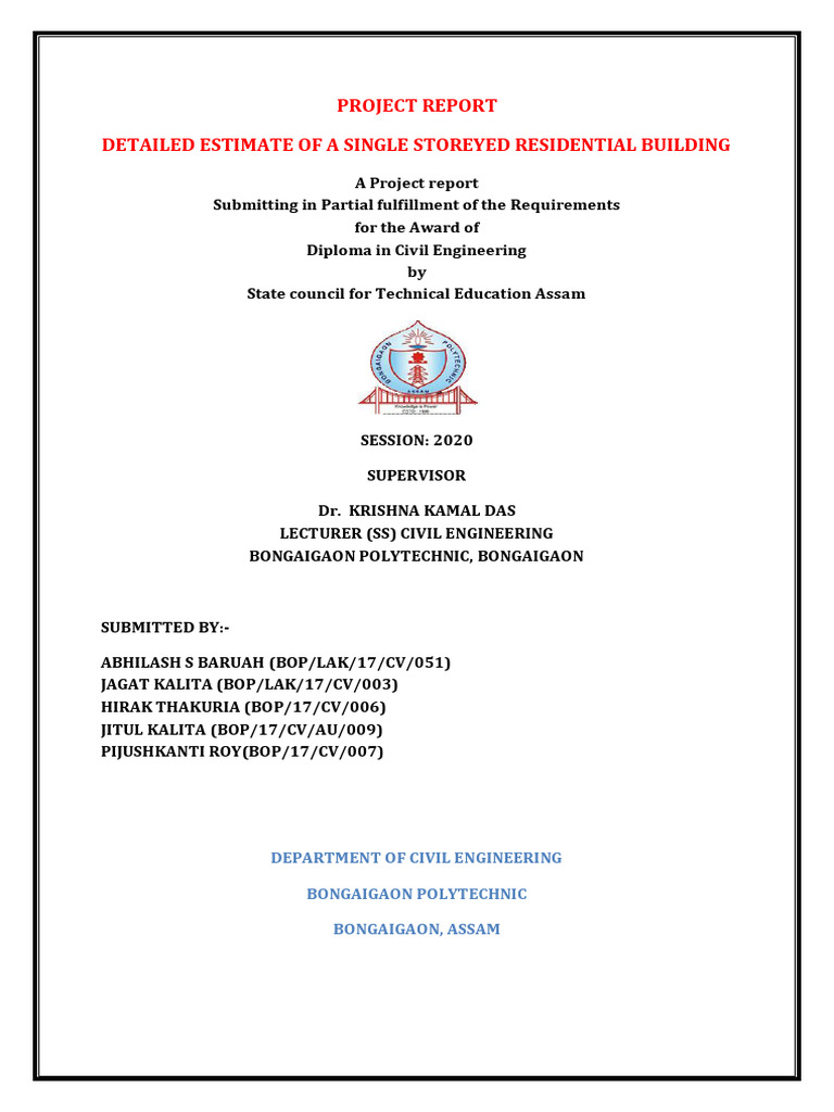 Detailed Estimate of A Single Storeyed R.C.C Building Final Year Project | PDF | Specification ...