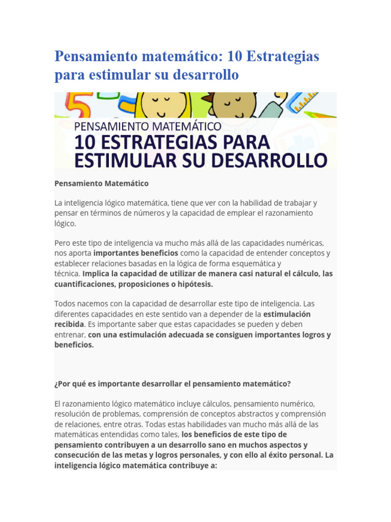 Pensamiento Matemático Estrategias Para Estimular Su Desarrollo Pdf