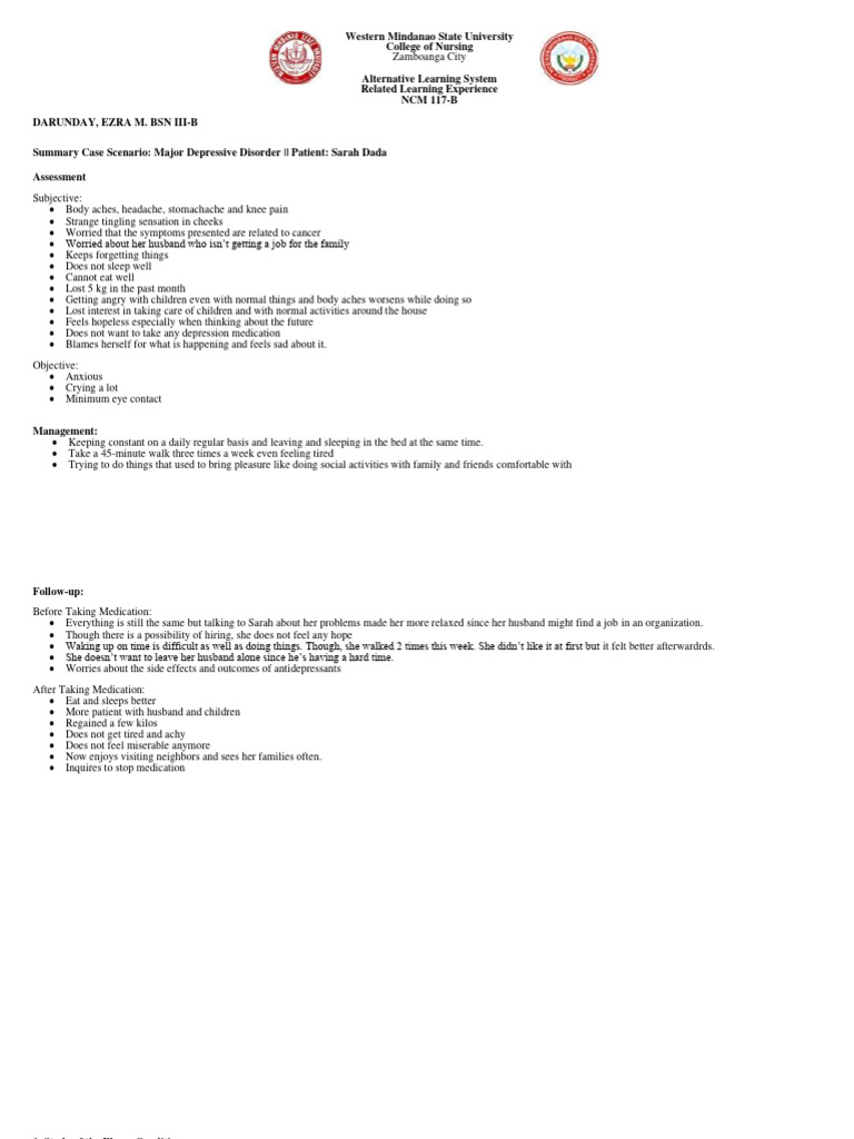 NCM 117 - Case Study 1 Darunday | PDF | Major Depressive Disorder | Depression (Mood)