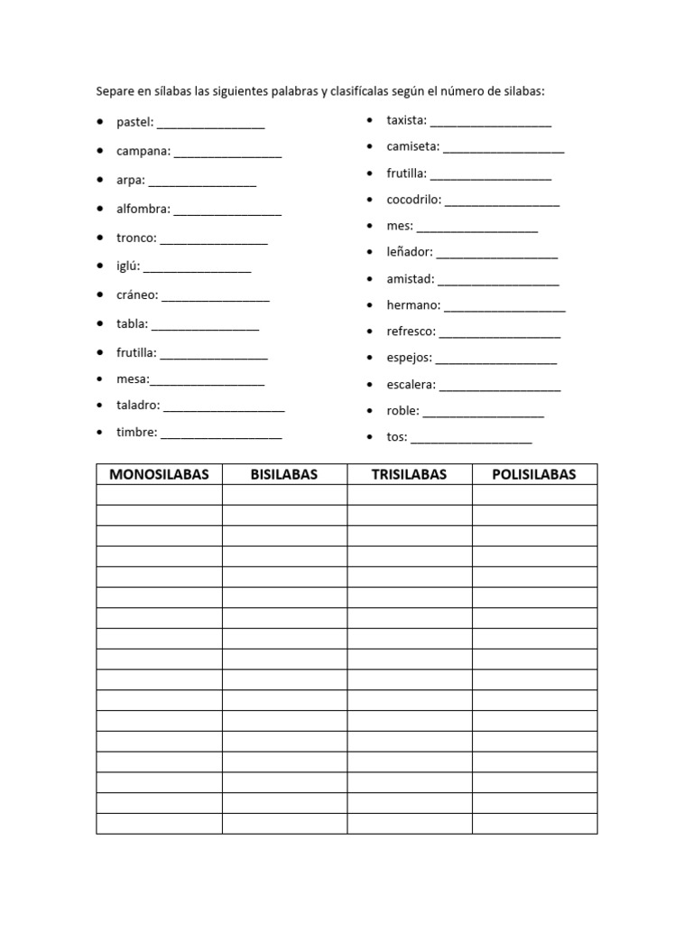 Separar en Silabas y Clasificar | PDF