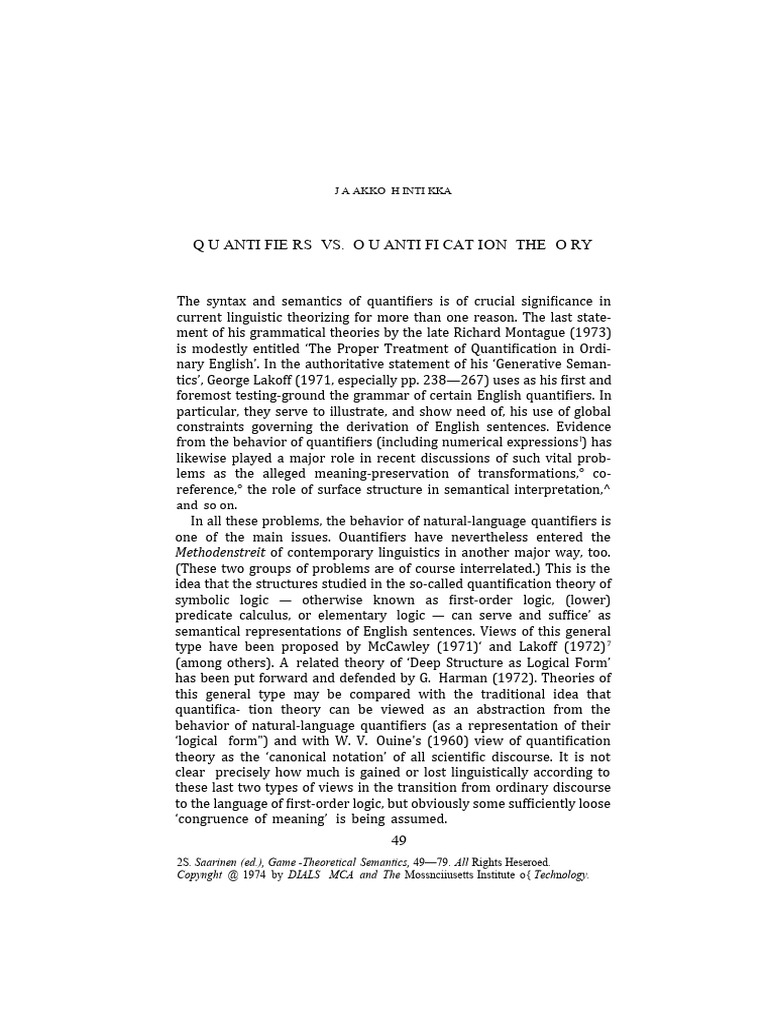 Hintikka Chapter On. Semantic Meaning | PDF | First Order Logic | Interpretation (Logic)