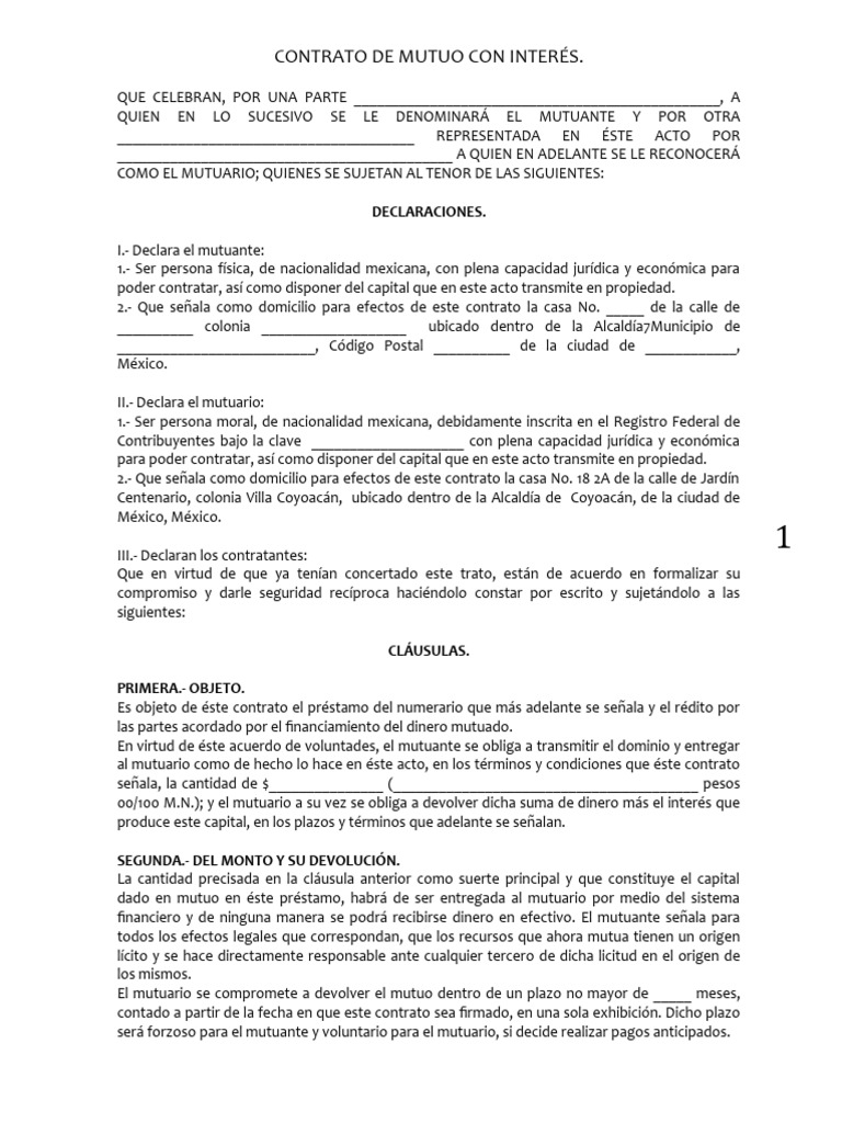 Machote Contrato de Mutuo Con Interés y Obigación Cambiaria Directa ...