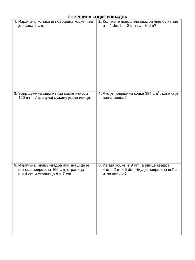 Povrsina Kocke I Kvadra Vezbe | PDF