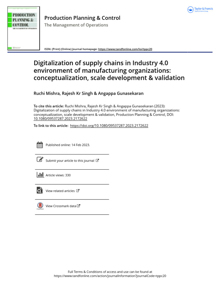 Digitalization of Supply Chains in Industry 4 0 Environment of Manufacturing Organizations ...