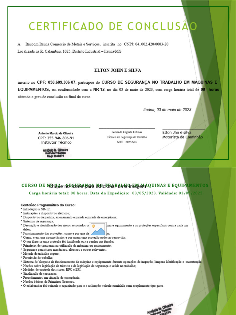 Modelo de Certificado Do Curso de NR 12 Assinado | PDF