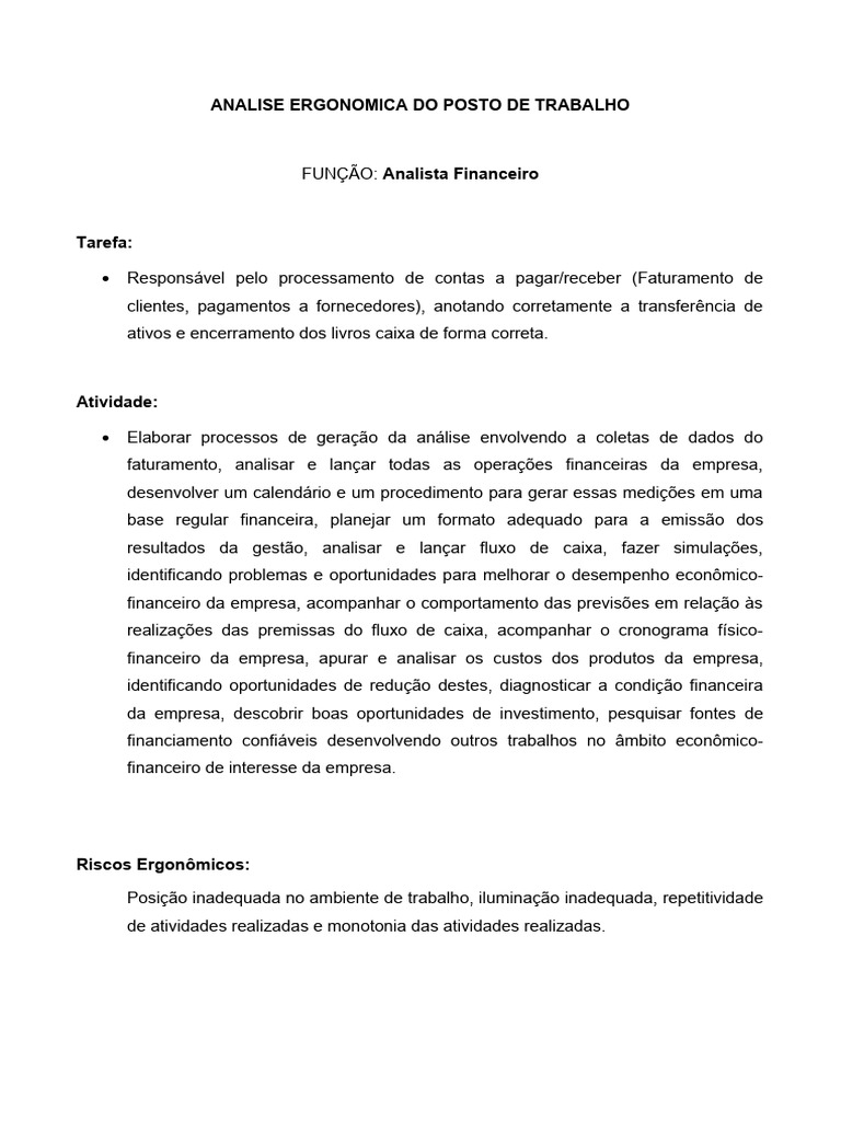 Analise Ergonomica Do Posto de Trabalho | PDF | Fluxo de caixa | Economia Analise Ergonomica Do Posto de Trabalho | PDF | Fluxo de caixa | Economia