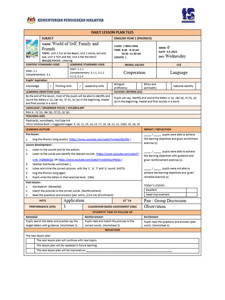 Bi Y1 LP Ts25 - Phonics | PDF | Lesson Plan | Phonics