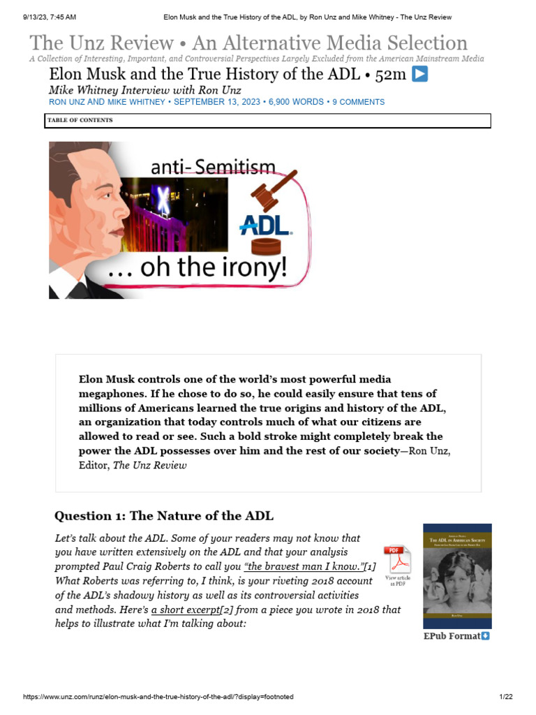 Ron Unz Elon Musk and The True History of The ADL | PDF | Anti ...