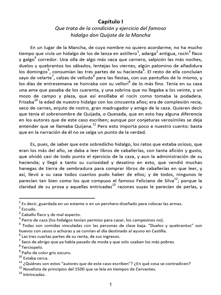 Don Quijote: Capítulo 1 Resumen | PDF