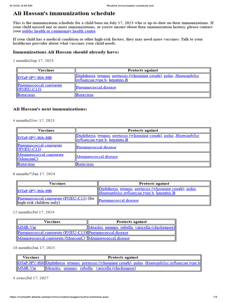 Routine Immunization Schedule Tool | PDF | Vaccines | Diseases And ...