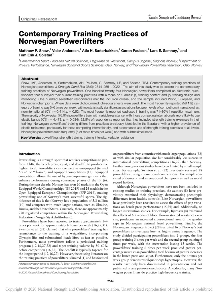 Contemporary Training Practices of Norwegian Powerlifters | PDF ...