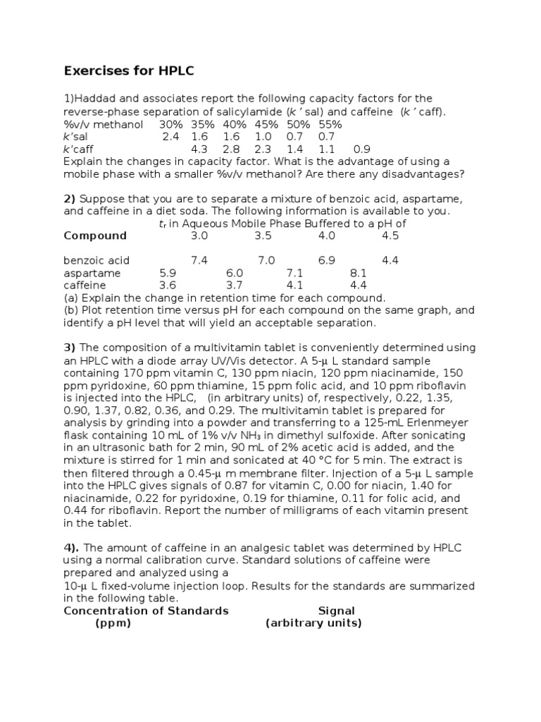 HPLC Exercises: Capacity Factors & Analysis | PDF | High Performance ...