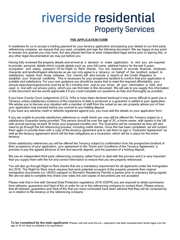 Lettings - Pre Application Form | PDF | Landlord | Leasehold Estate