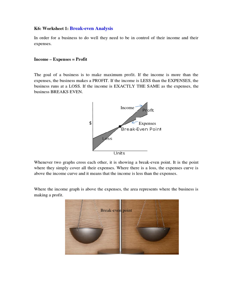 Break-Even Analysis: K6: Worksheet 1 | PDF | Business Economics | Pricing