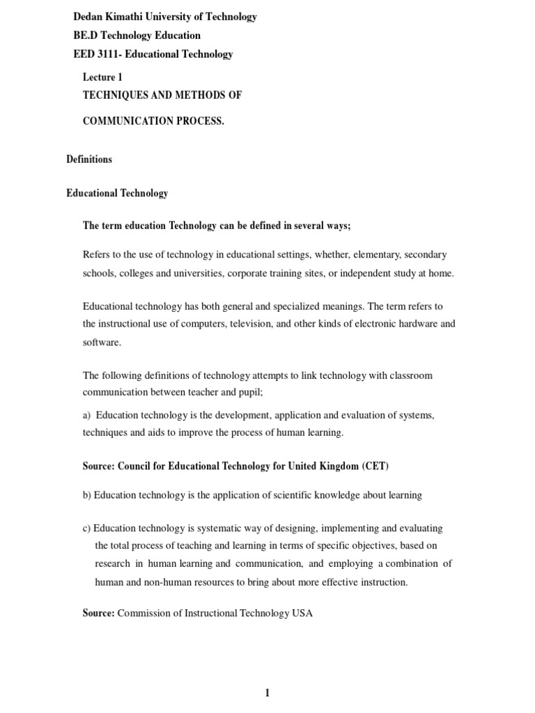 EED 3111 - Edu Tech Lecture 1 | PDF | Communication | Educational Technology