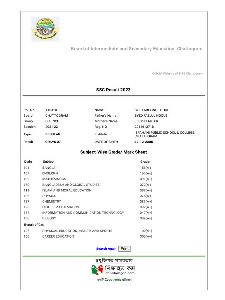SSC Result BISE Chattogram | PDF