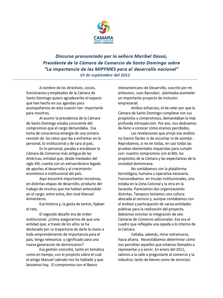 Discurso Maribel Gasso Sobre La Importancia de Las Mipymes para El ...