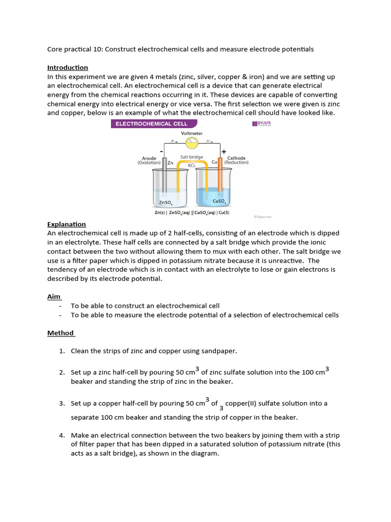 Core Practical 10 | PDF | Electrochemistry | Electrode