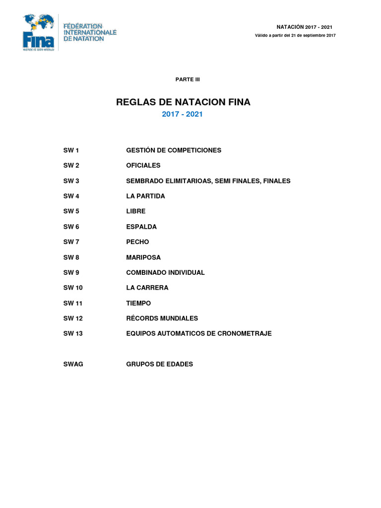Reglas de Natación FINA 2017-2021 | PDF | Nadando | Natación (deporte)