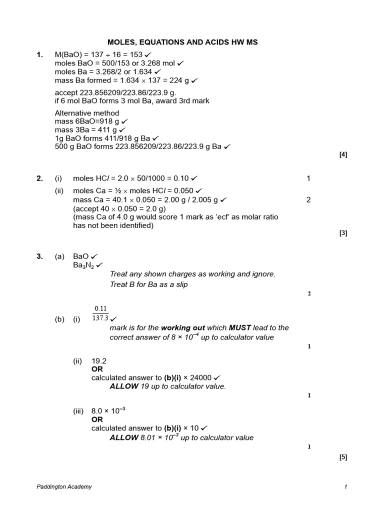 Moles Equations and Acids | PDF | Mole (Unit) | Acid