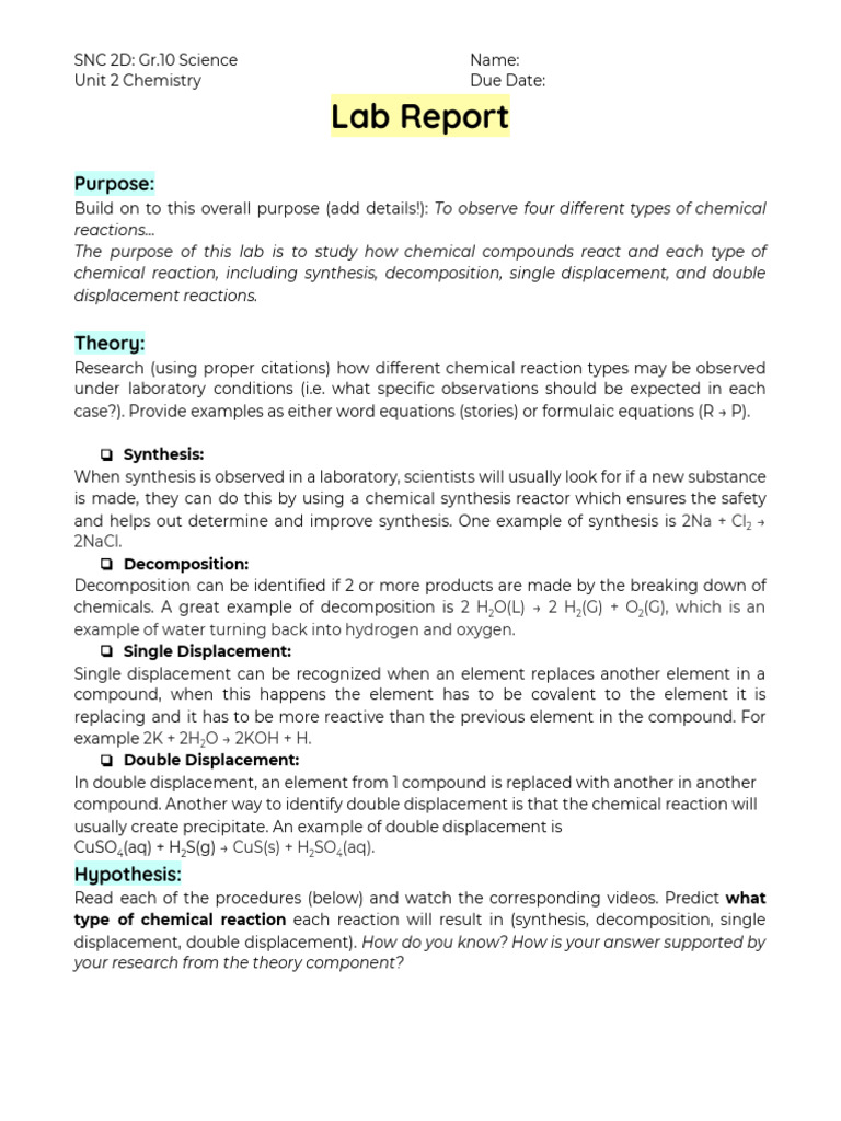 Grade 10 Chemistry Reactions Lab | PDF | Chemical Reactions | Chemical ...