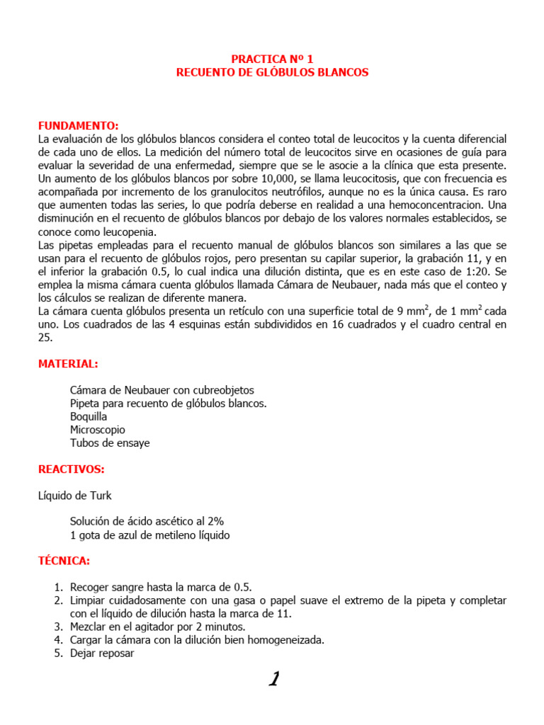 Practica 1 Recuento de Globulos Blancos (A) | PDF | Leucocito ...