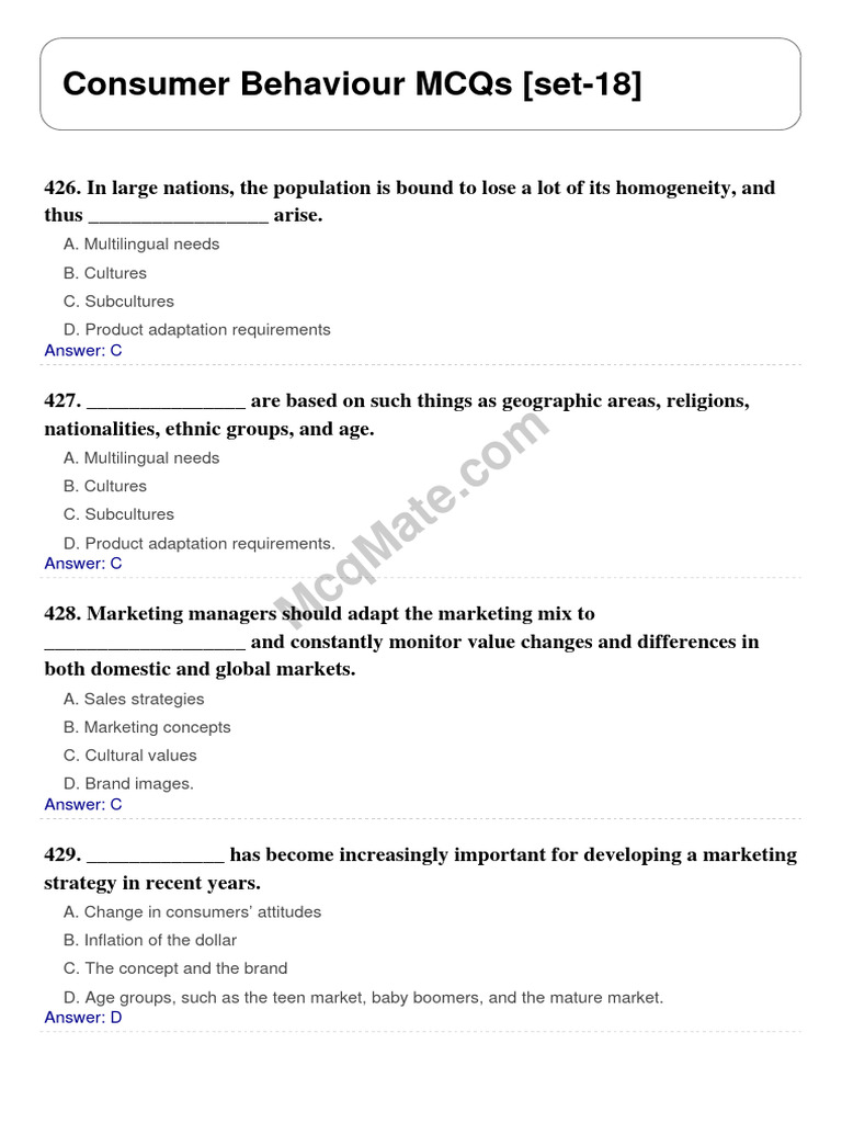More Mcqs Set 18 | PDF | Consumer Behaviour | Behavior