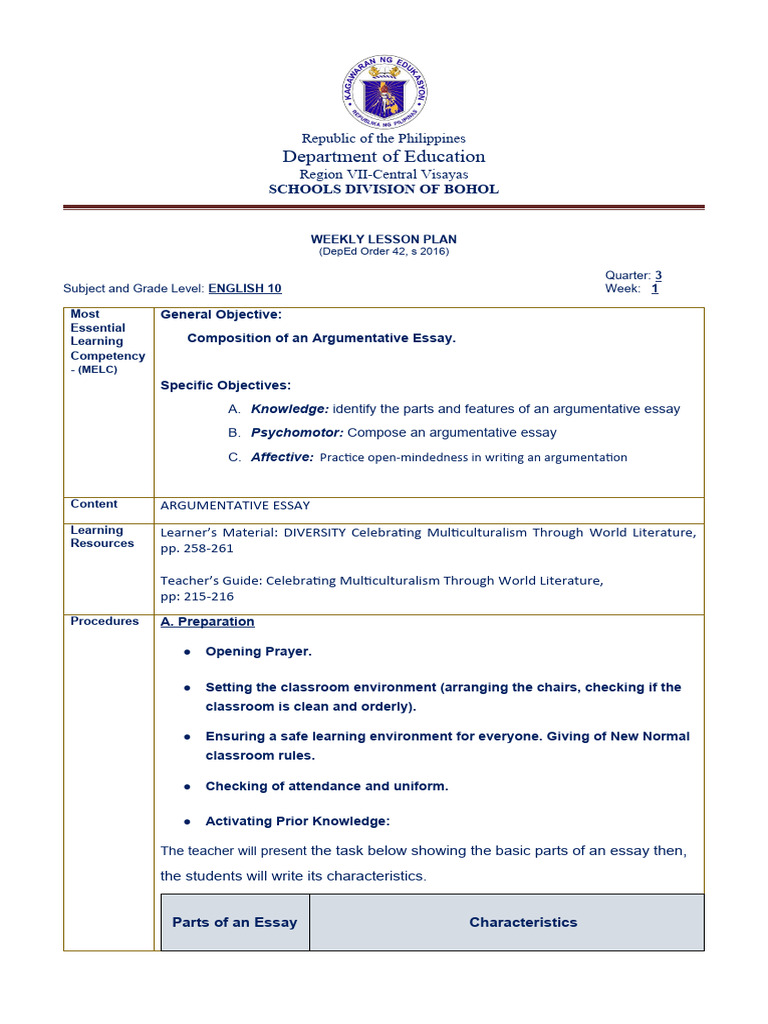 Protype Lesson Plan ENGLISH10 Q3 wk1 | PDF | Traffic Collision | Argument