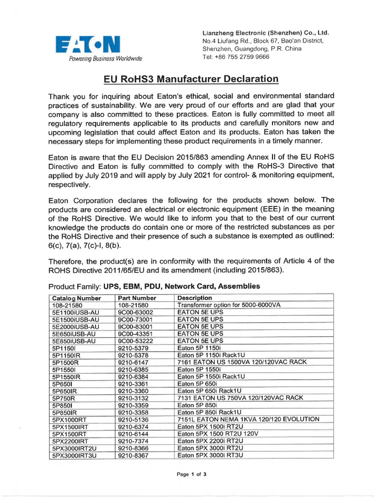 RoHS 3 DoC - Eaton 5P 5PX 5SC 5SX 9E 9PX 9SX ATS ComCards BA2 - 2020 08 | PDF