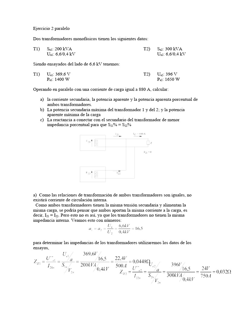 Paralelo Ejercicio 2 | PDF | Transformador | Impedancia eléctrica