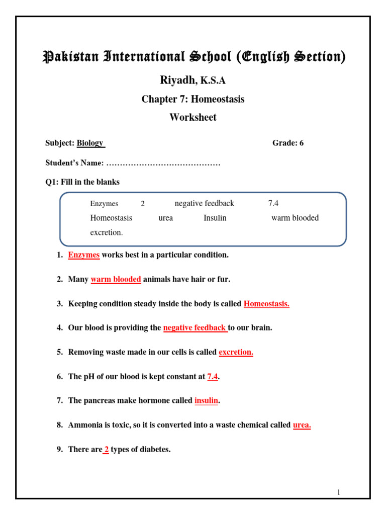 Homeostasis..answer Key Worksheet | PDF | Homeostasis | Diabetes Homeostasis..answer Key Worksheet | PDF | Homeostasis | Diabetes