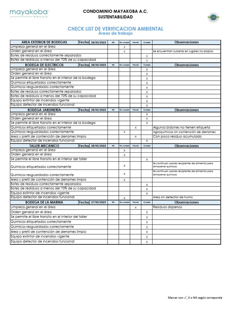 Check List Ambiental Areas de Trabajo 230328 | Descargar gratis PDF | La seguridad | Materiales