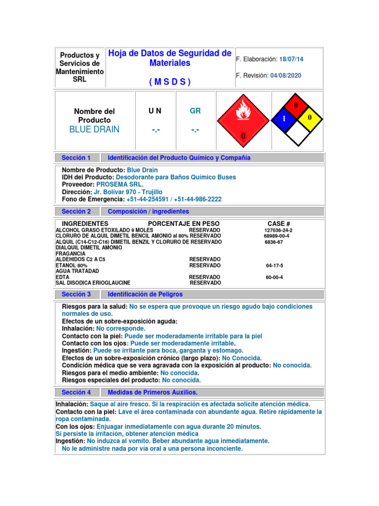 Hoja de Seguridad: Blue Drain 127036-24-2 | PDF | Agua | Solvente