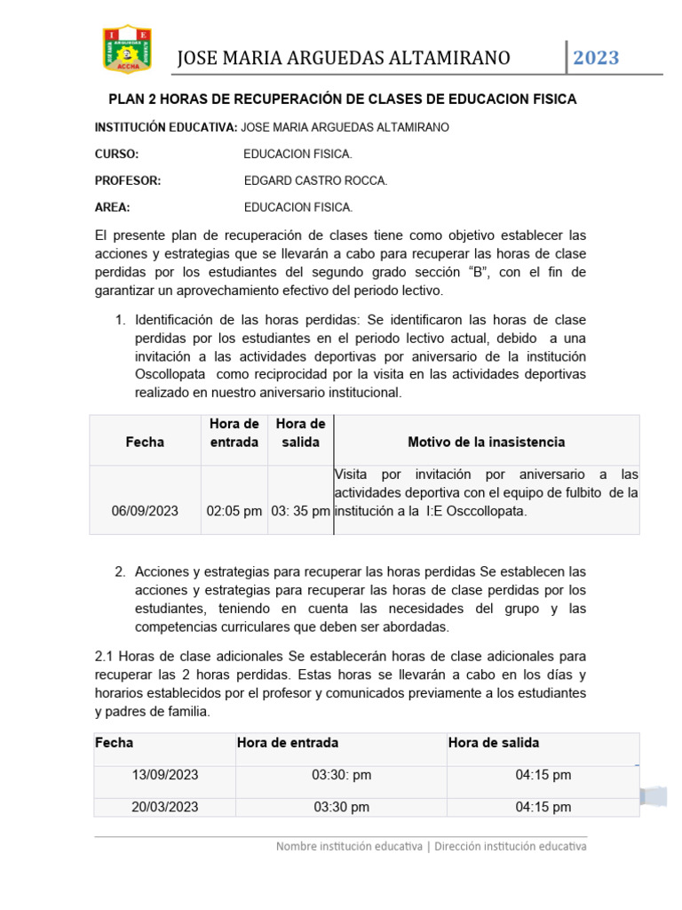 Modelo de Plan de Recuperación de Clases en Word | PDF