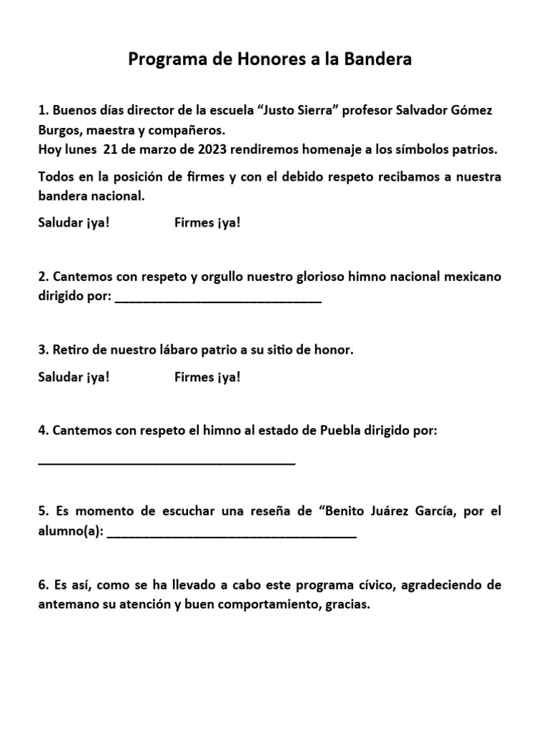 Programa de Honores A La Bandera para LUNES | PDF