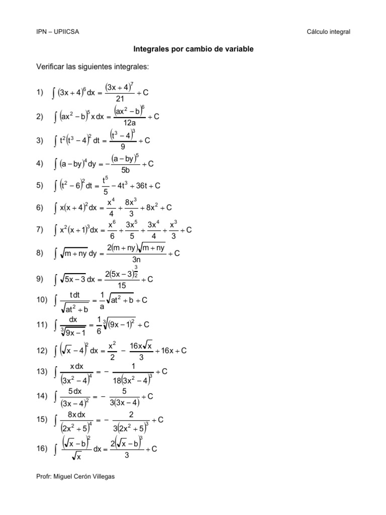Ejercicios de Integrales Por Cambio de Variable | PDF