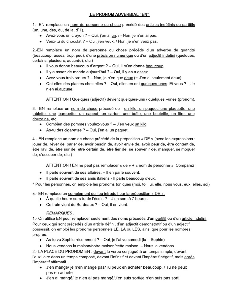Comprendre le pronom "en" en français | PDF | Pronom | Syntaxe