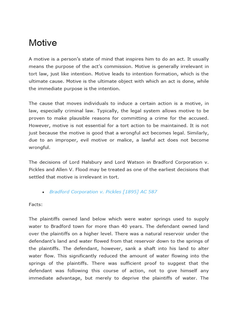 Motive: Bradford Corporation v. Pickles (1895) AC 587 | PDF | Tort ...