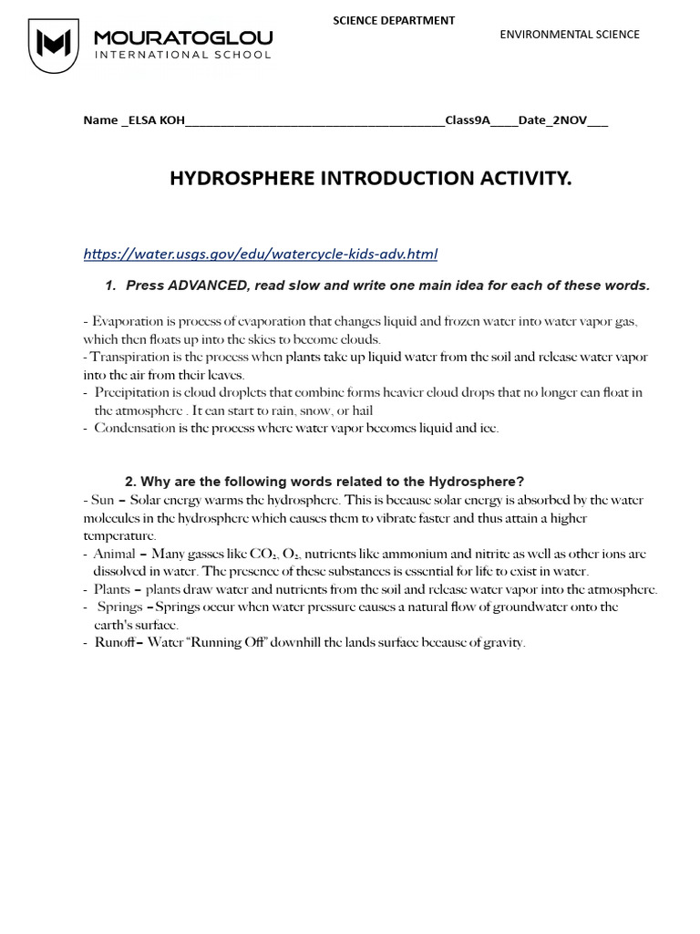 Hydrosphere Introduction Activity | PDF