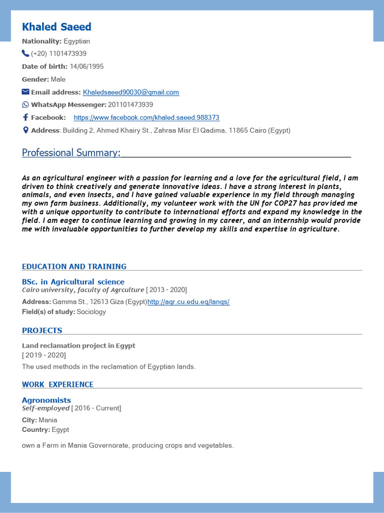 Khaled CV | PDF | Egypt | Agriculture