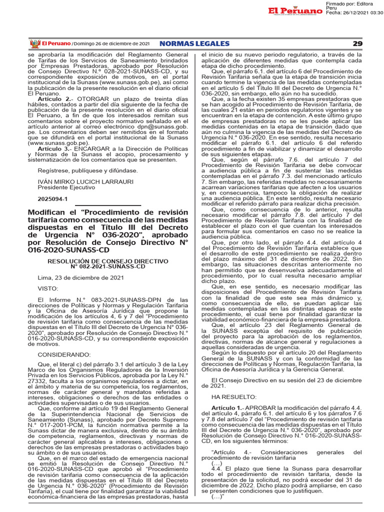 RCD N° 082-2021-SUNASS-CD Mod. Proc.Rev.Tarifaria RCD N° 016-2020-SUNASS-CD | PDF | Regulación ...