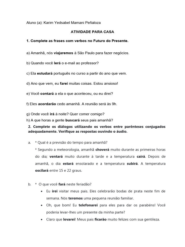 INTERMEDIÁRIO 1 - Atividade para Casa - Futuro Do Presente | PDF