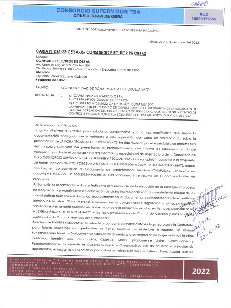 C028-JS-CSAD R.01 Conformidad. F.T. de Porcelanato ... Contra | PDF