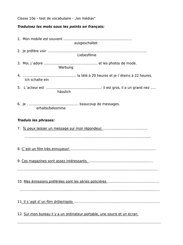 Test de vocabulaire sur les médias en 10e | PDF